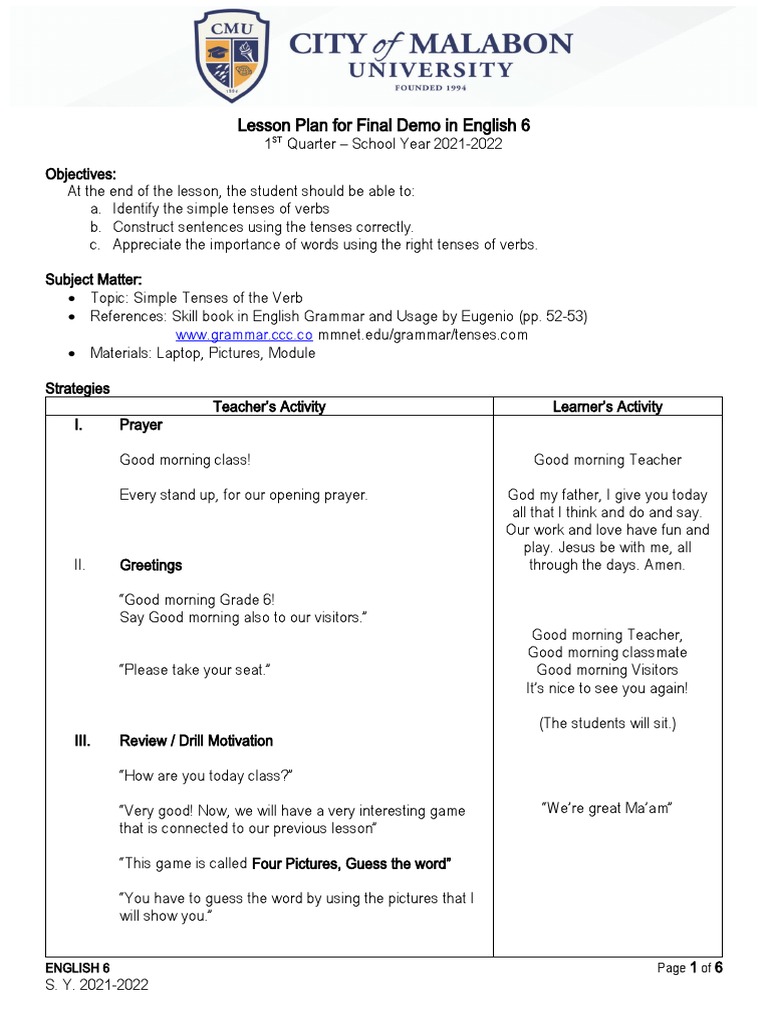Lesson Plan For Final Demo in English 6: WWW - Grammar.ccc - Co | PDF ...