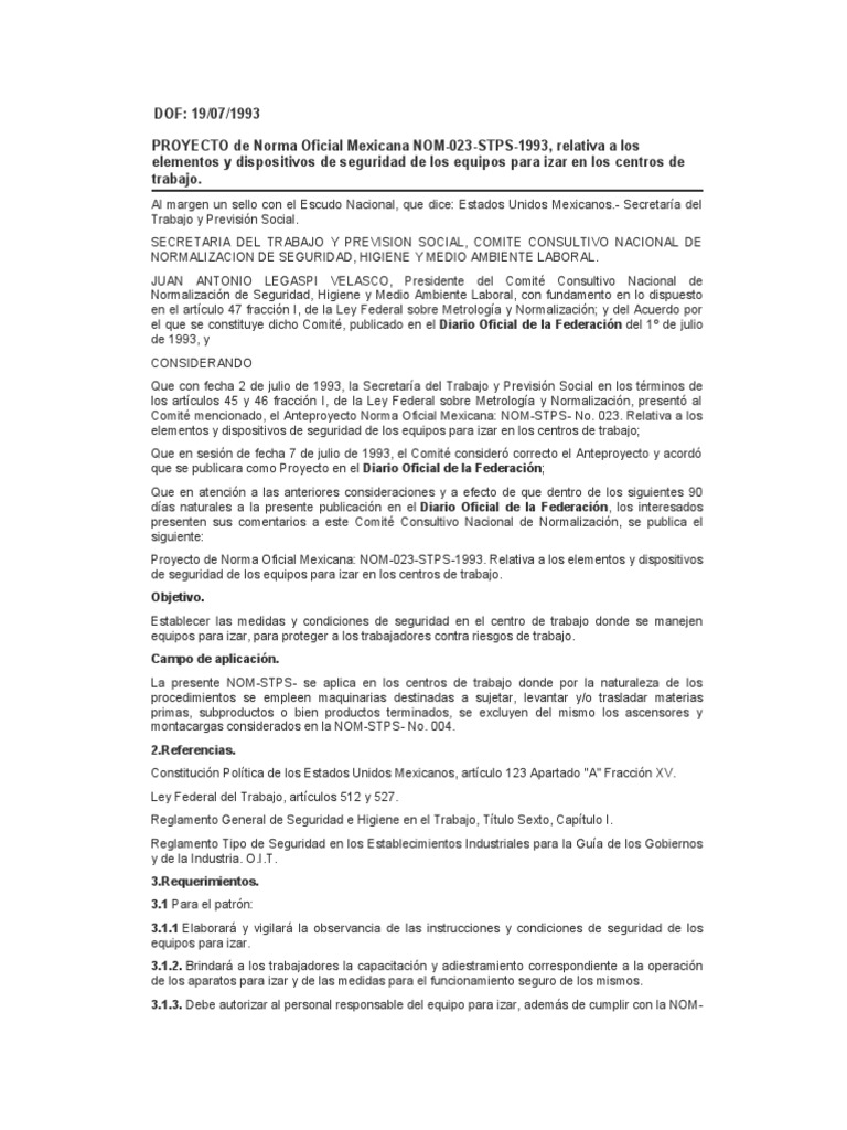 Nom 023 STPS 1993 Izages | PDF | Grúa (máquina) | Ascensor
