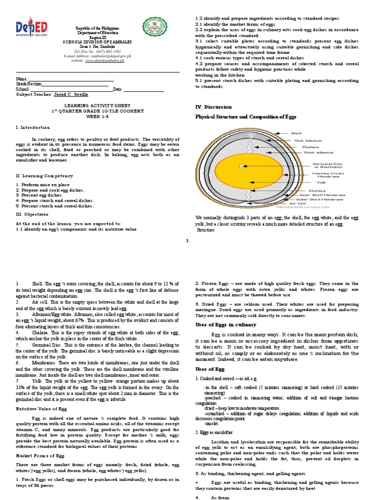 LAS Week1-8 Grade 10-Cookery 1st Quarter | PDF | Egg As Food | Pasta