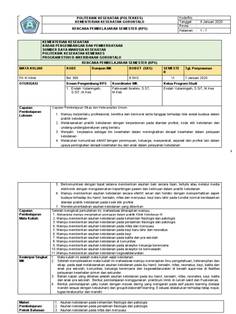 RPS PKK 3 Kebidanan Poltekkes Gorontalo | PDF