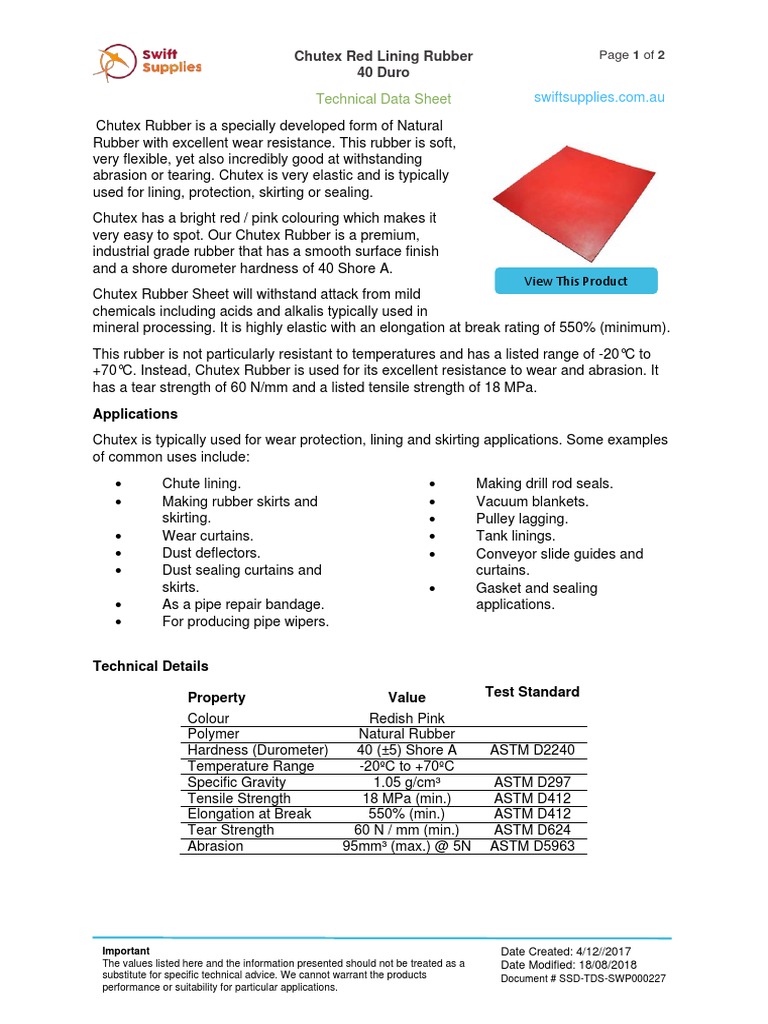 Chutex Red Lining Rubber TDS | PDF | Natural Rubber | Materials