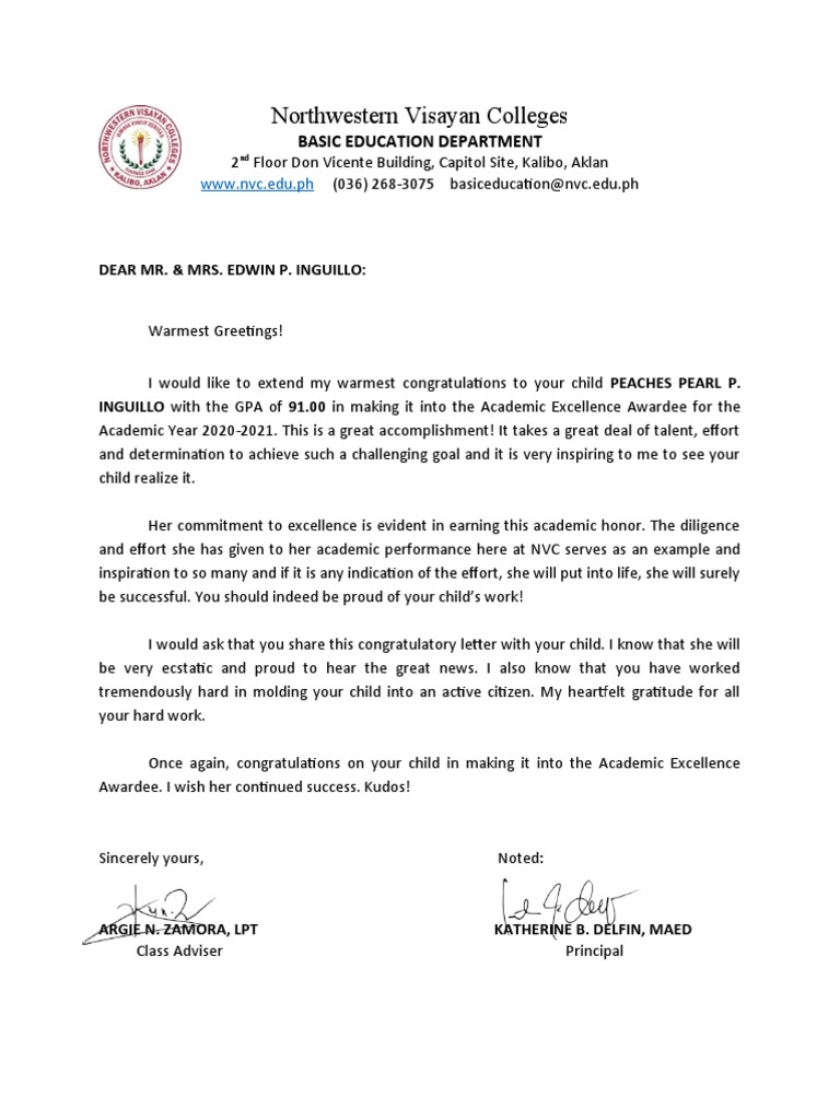 Student Honor Congratulatory Letter | PDF