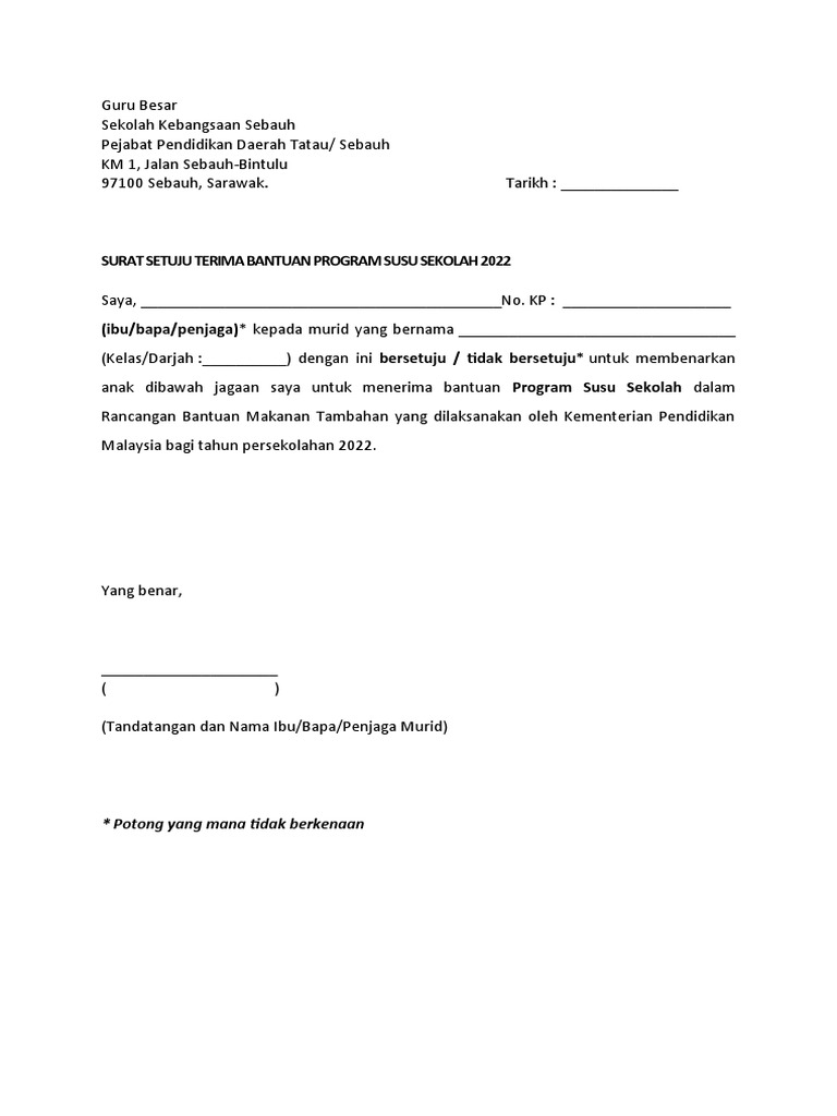 Surat Setuju Terima Susu 2022 | PDF