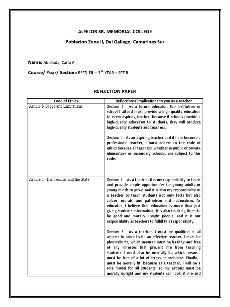 Reflection Paper PDF | PDF | Teachers | Learning