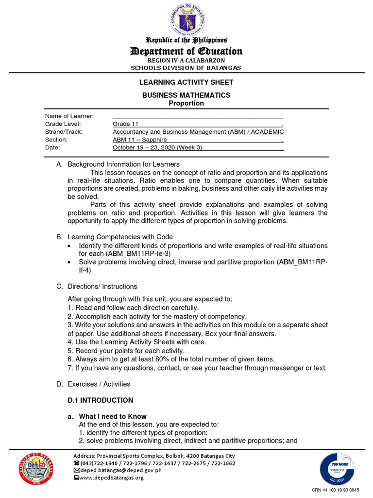 BusinessMath LAS Q1 Wk3 | Download Free PDF | Ratio | Learning