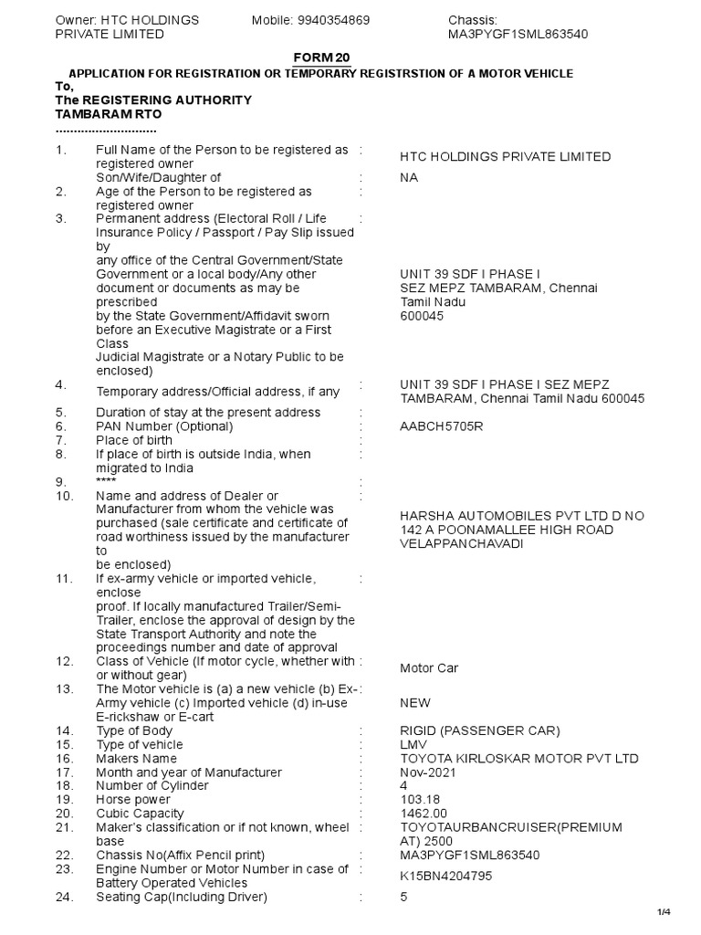 Form 20 To, The Registering Authority Tambaram Rto ...
