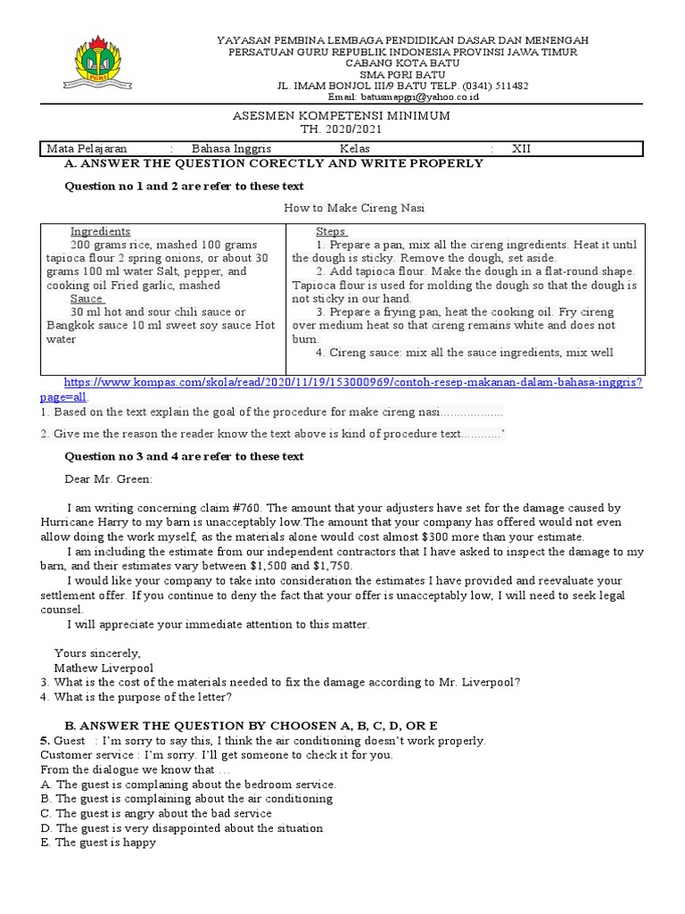 FORMAT SOAL Akm XIInn | PDF | Sauce | Foods