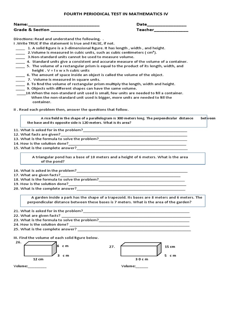 Grade 4 Math 4th Quarter Test | PDF | Volume | Area