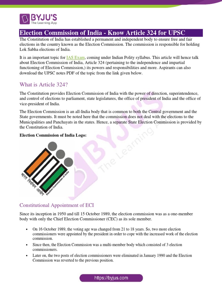 Election Commission of India - Know Article 324 For UPSC | PDF ...
