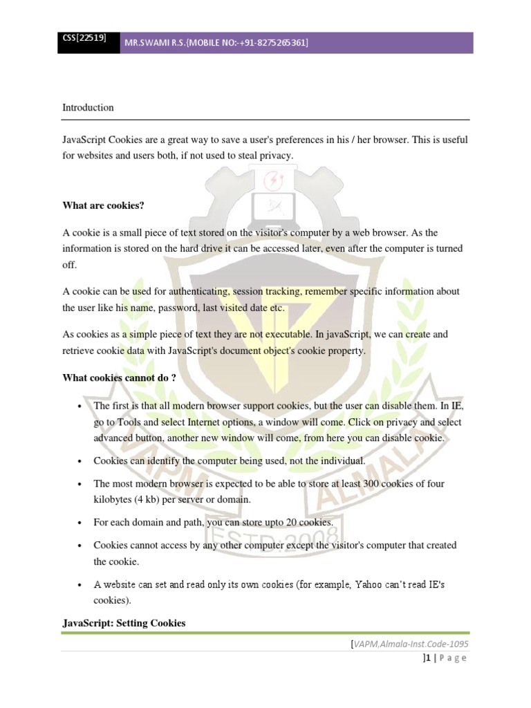What Are Cookies?: CSS (22519) MR - SWAMI R.S. (MOBILE NO:-+91-8275265361) | Download Free PDF ...