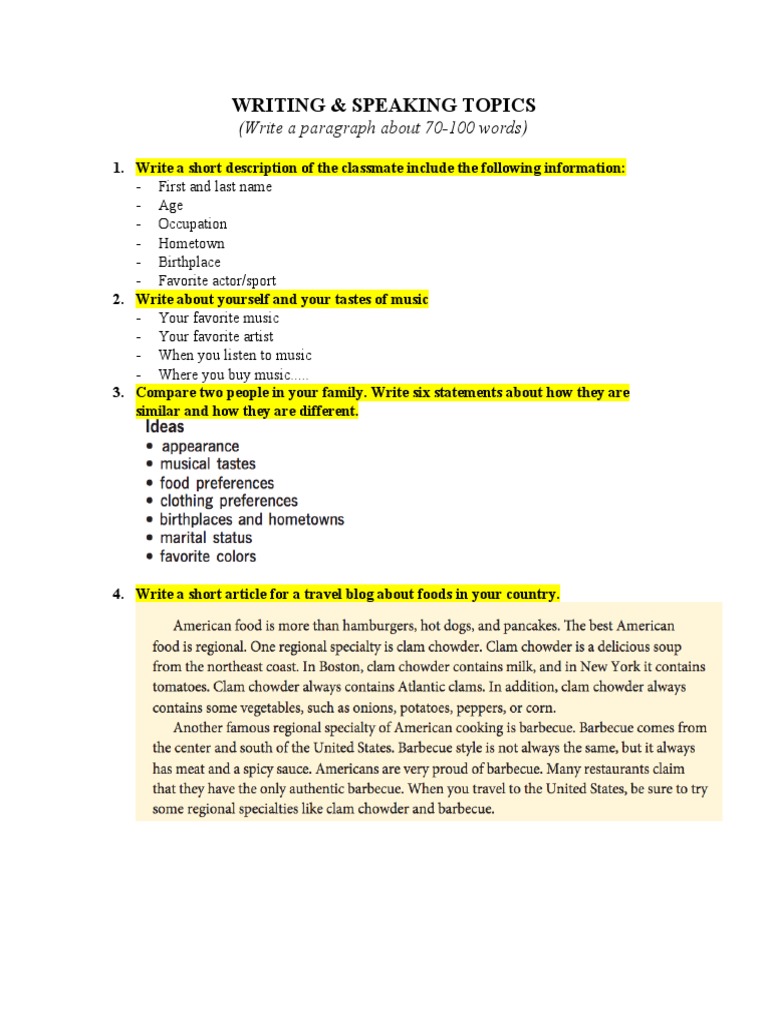 Writing & Speaking Topics: (Write A Paragraph About 70-100 Words) | PDF