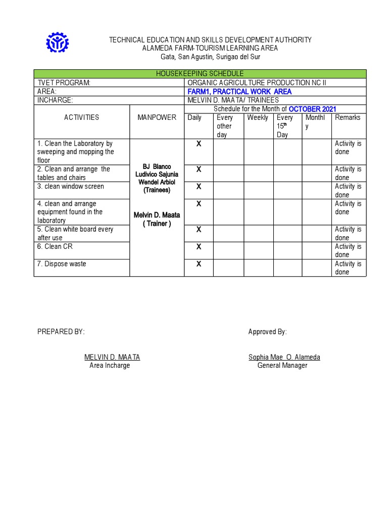Sample Housekeeping Maintenance Schedule | PDF