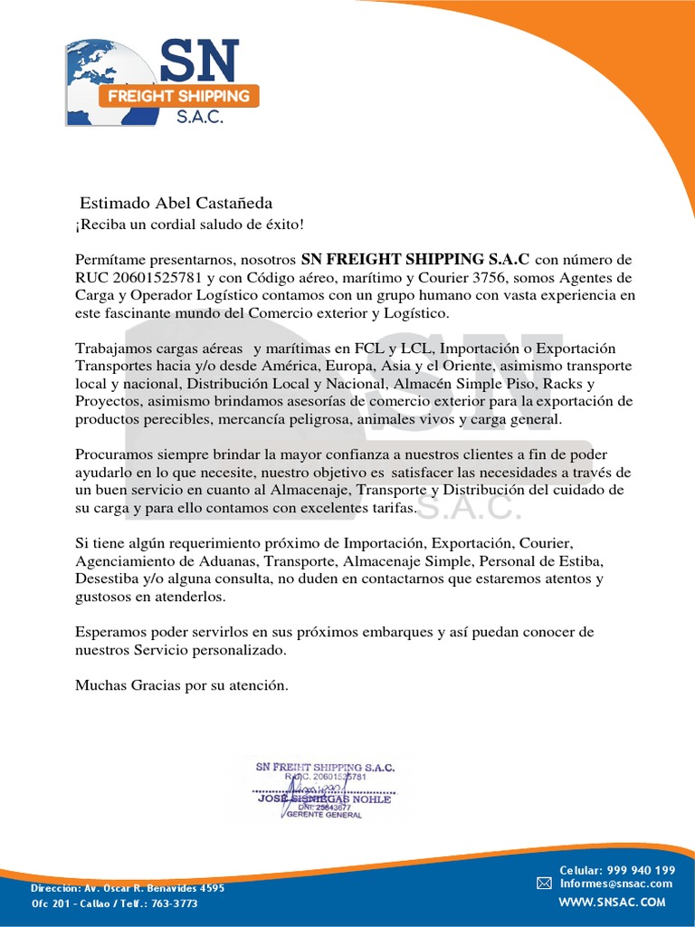 Carta de Presentacion SN Freight Shipping Sac | PDF
