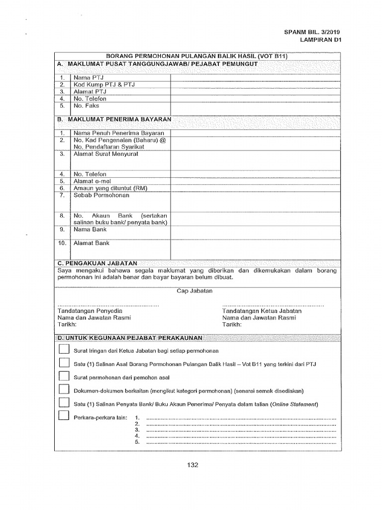 Lampiran D1 Borang Permohonan Pulangan Balik Hasil Vot B11 | PDF