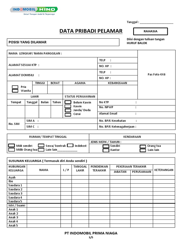 Form Data Diri Pelamar | PDF