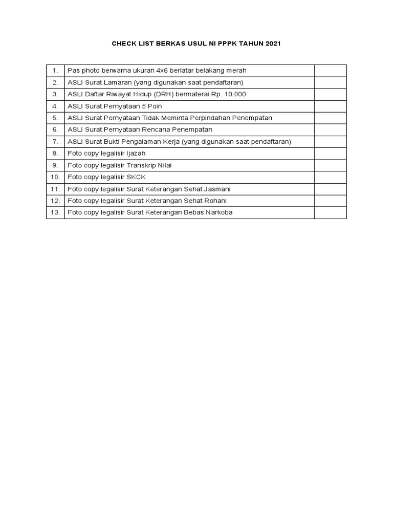 Check List Berkas Usul Ni PPPK Tahun 2021 | PDF