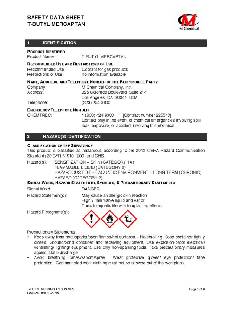 Safety Data Sheet T-Butyl Mercaptan: 1 Identification | PDF ...