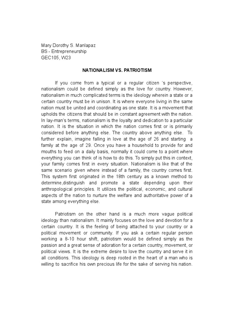 Manlapaz - NATIONALISM VS. PATRIOTISM Essay | PDF | Nationalism | Love