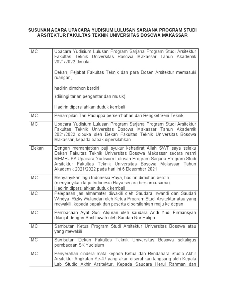 Susunan Acara Upacara Yudisium Lulusan Sarjana 2021-2022 | PDF