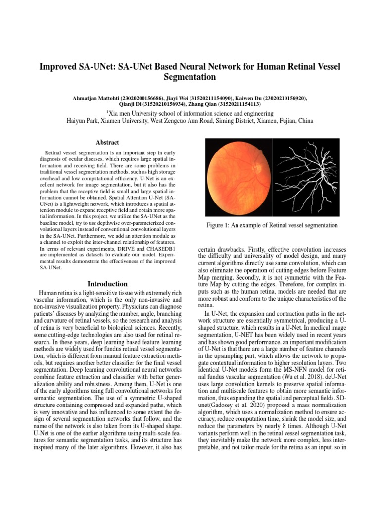Improved SA-UNet - SA-UNet Based Neural Network For Human Retinal Vessel Segmentation | PDF ...