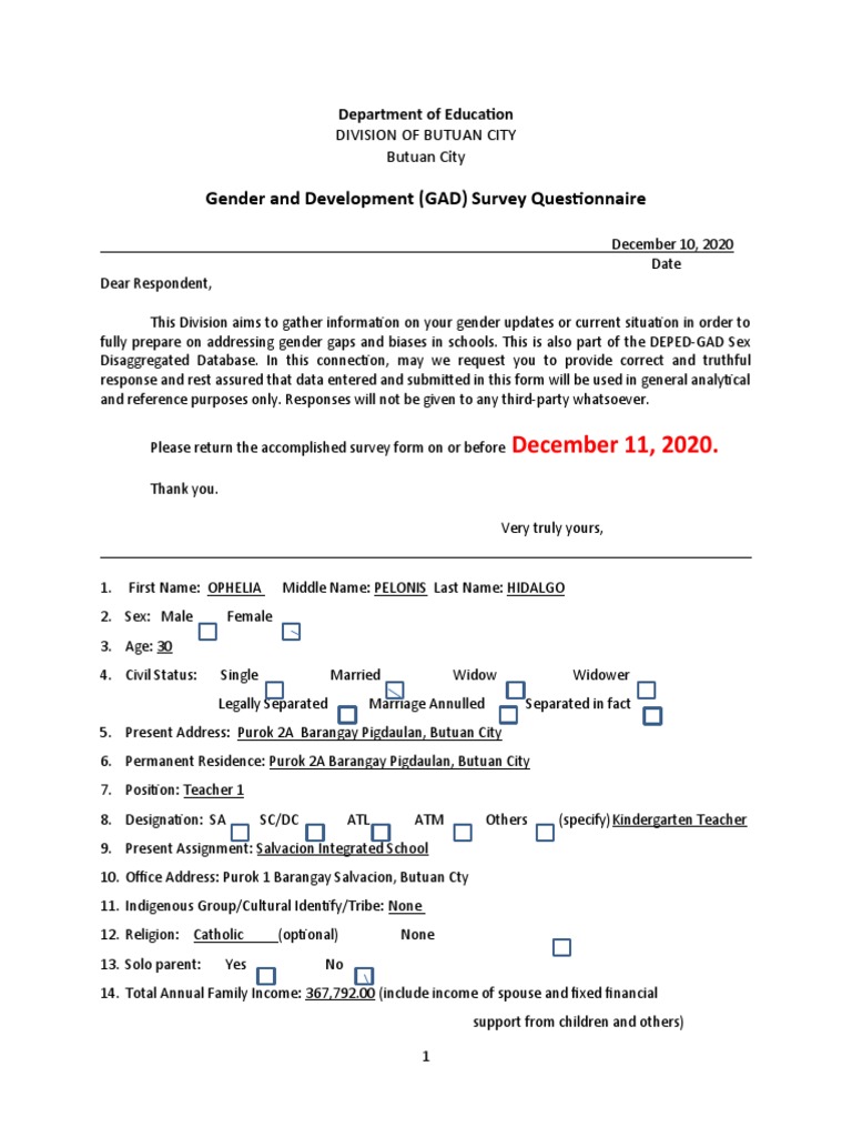 Deped GAD Questionnaire 12-7-2020 HIDALGO O. | PDF | Family ...