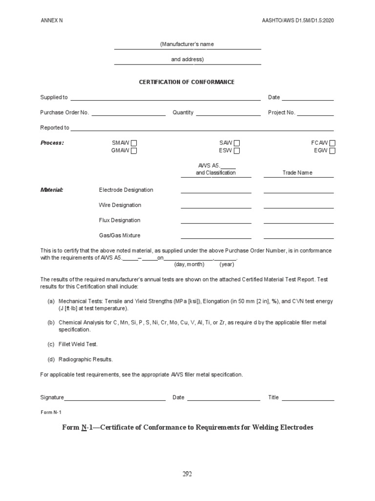 Form N 1 Sample Certification of Conformance | PDF