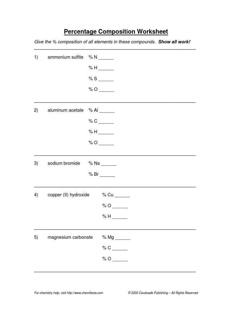 Percentage Composition Worksheet: Give The % Composition of All ...