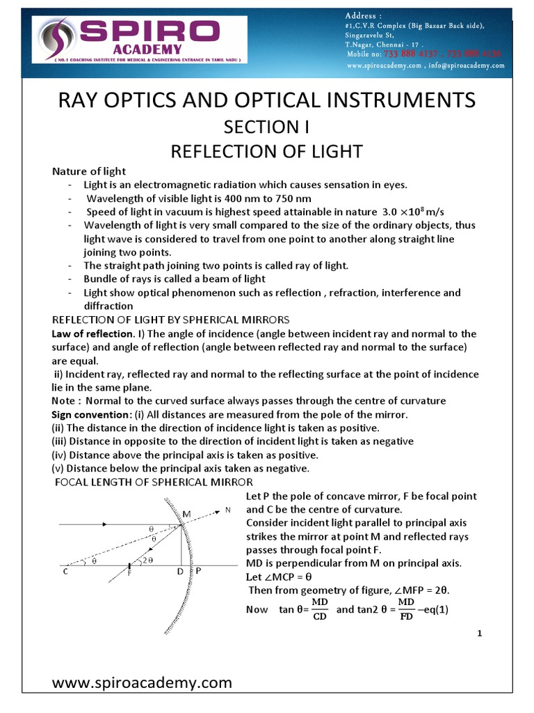 Ray Optics and Optical Instruments: Section I Reflection of Light | PDF | Light | Reflection ...