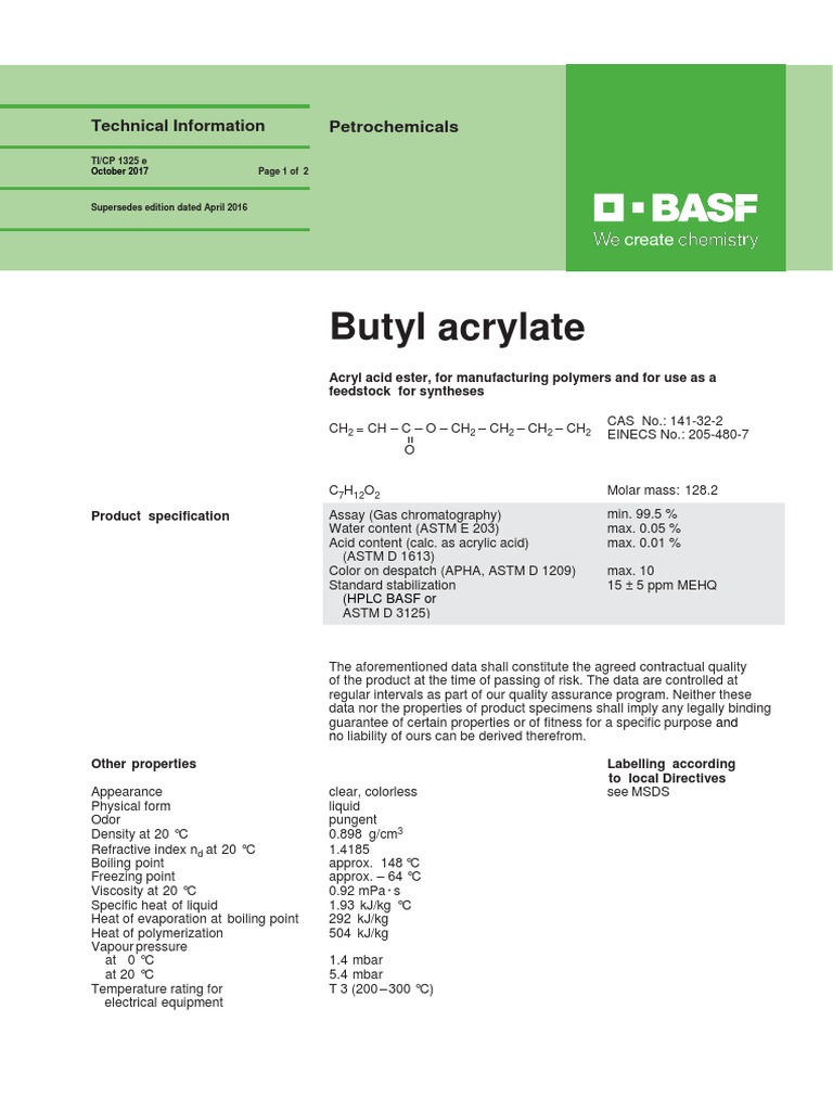 Butyl Acrylate: Specs & Handling | PDF | Ester | Copolymer