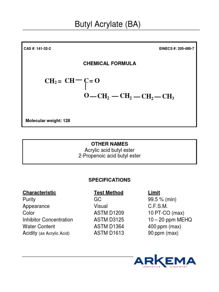 Butyl Acrylate (BA) : CH CH - C O O - CH - CH - CH - CH | PDF ...
