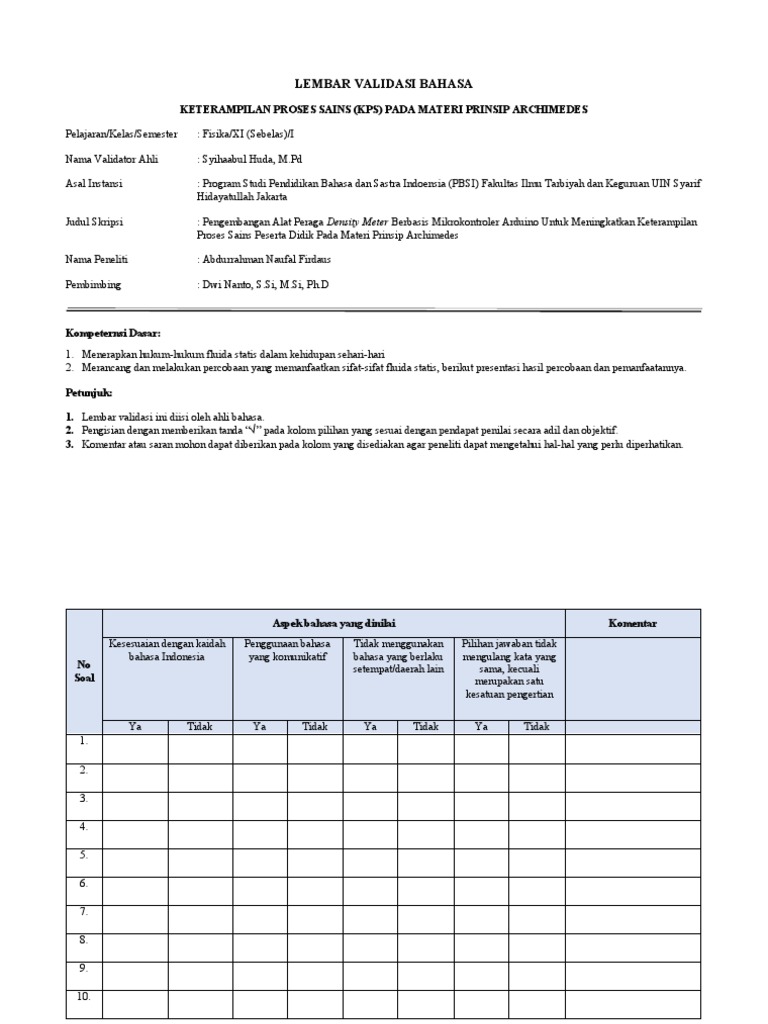 Lembar Validasi Bahasa | PDF