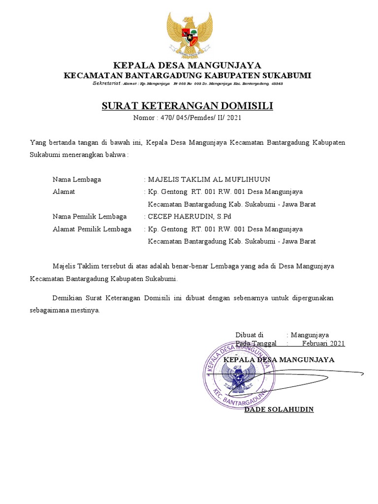 Surat Keterangan Domisili Majelis Taklim | PDF