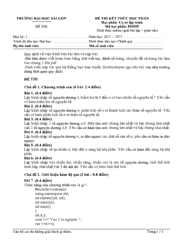 Co So Lap Trinh - de Thi 3 | PDF