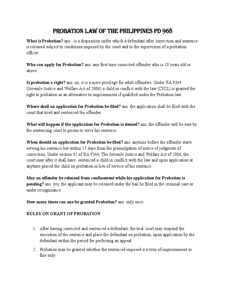 Probation Law of The Philippines PD 968 | PDF | Probation | Pardon