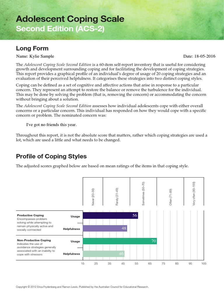 Adolescent Coping Scale 2 Long Form Kylie Sample | PDF | Adolescence ...