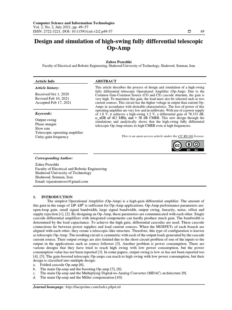 Design and Simulation of High-Swing Fully Differential Telescopic Op ...
