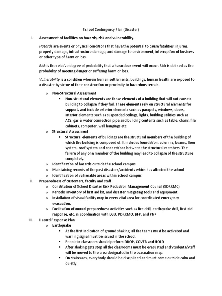 School Contingency Plan | PDF | Hazards | Risk