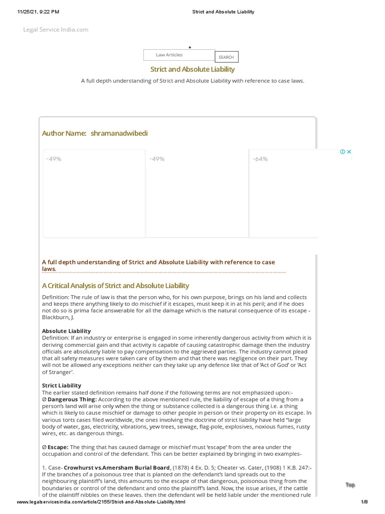 Strict and Absolute Liability | PDF | Legal Liability | Damages