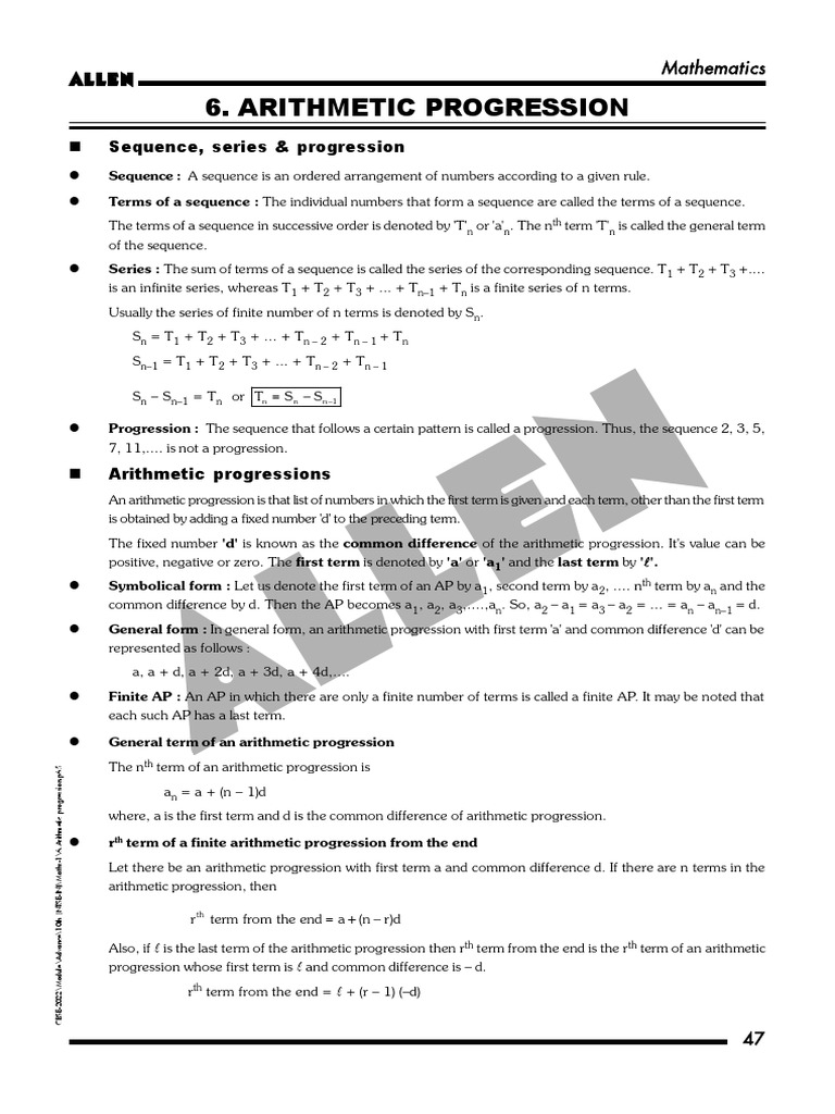 Allen: 6. Arithmetic Progression | PDF | Sequence | Numbers