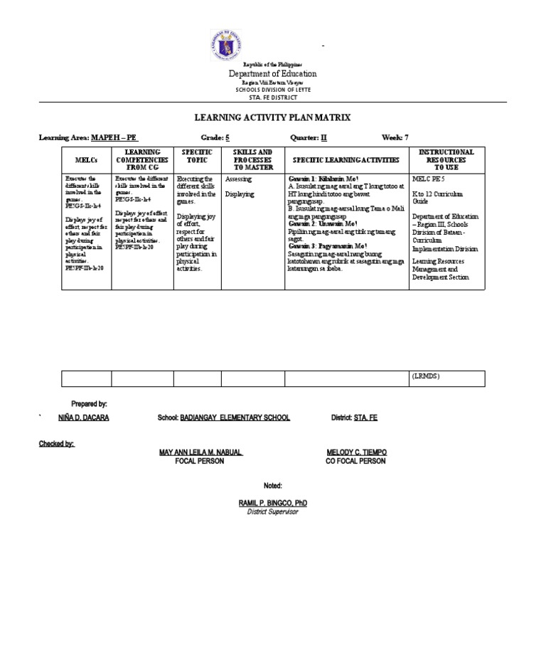 Department of Education: Learning Activity Plan Matrix | PDF ...