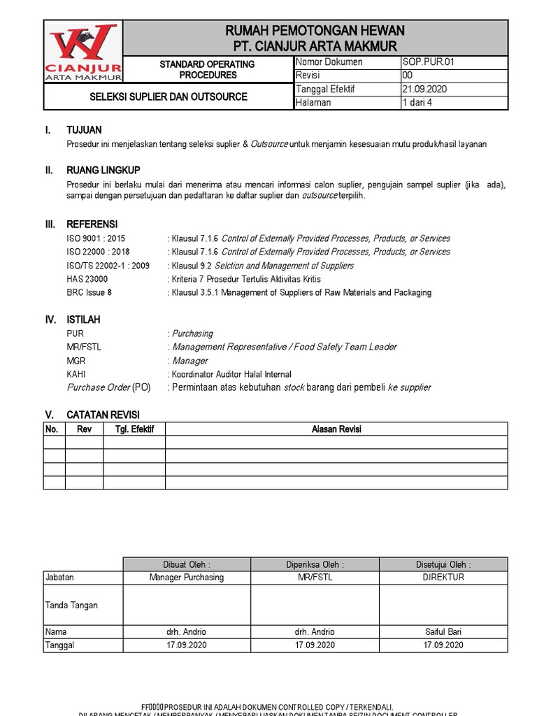 SOP - PUR.01 - Seleksi Supplier & Outsource | PDF