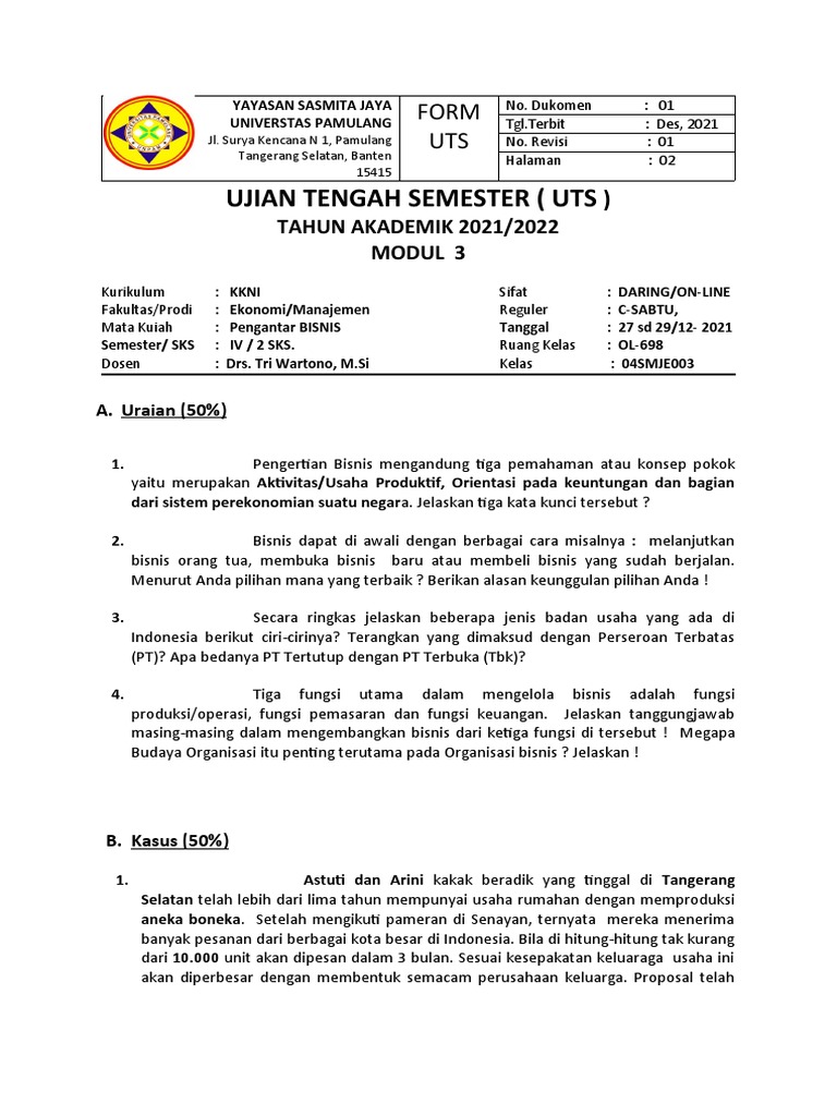 Soal Uts Pengantar Bisnis | PDF