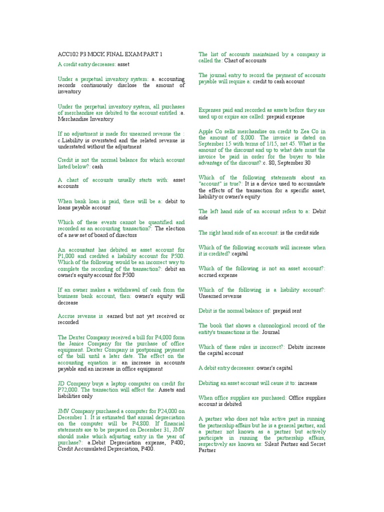 Mock Final Exam Review: Key Accounting Concepts and Journal Entries ...