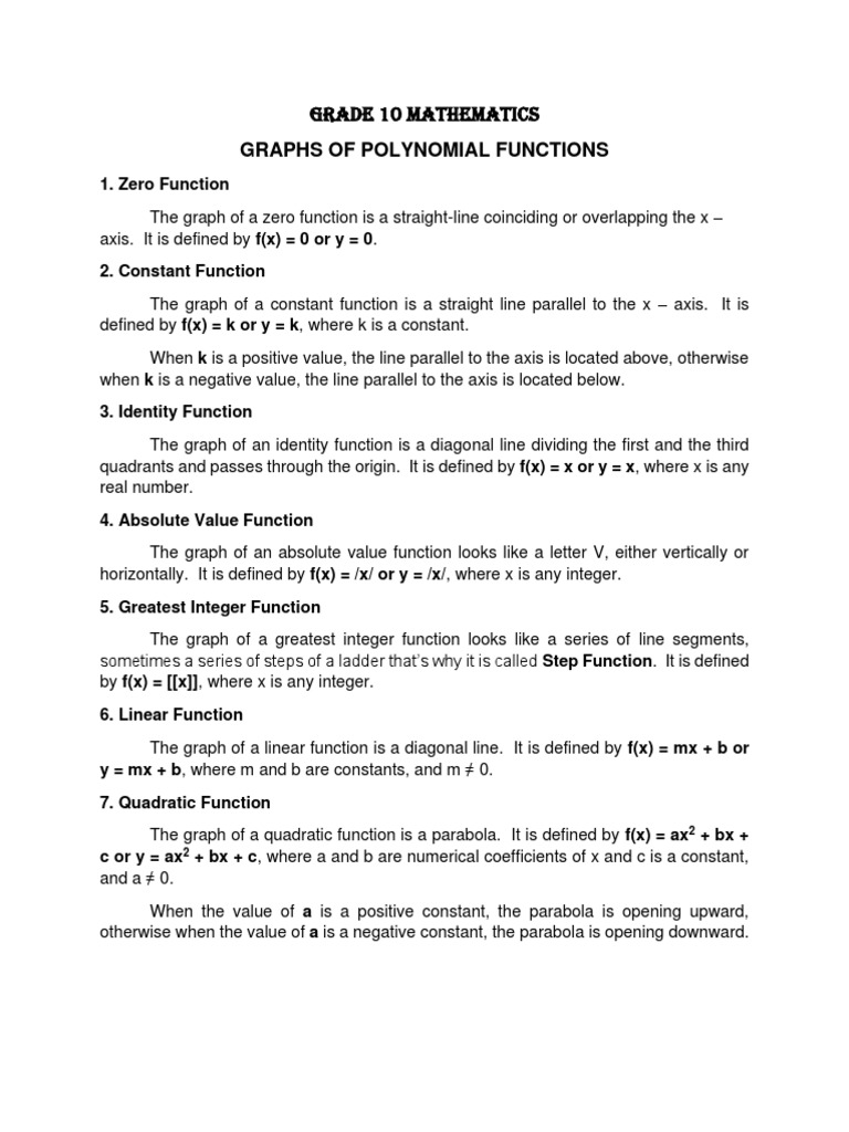 Graphs of Polynomial Functions: Grade 10 Mathematics | PDF | Function ...