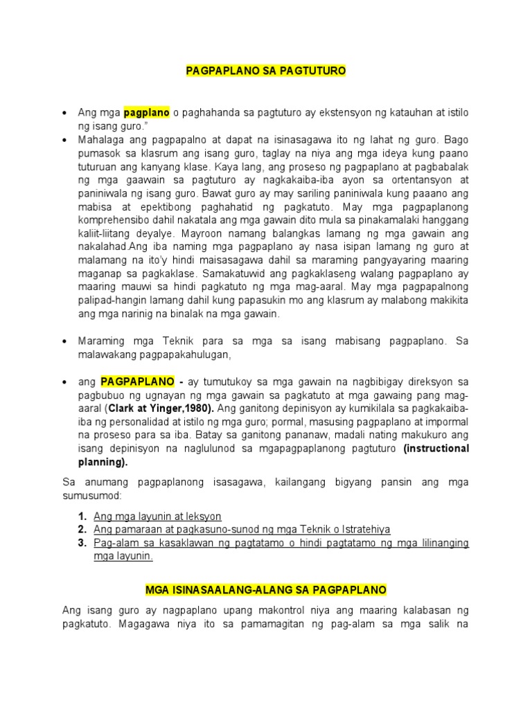 Pagpaplano Sa Pagtuturo | PDF
