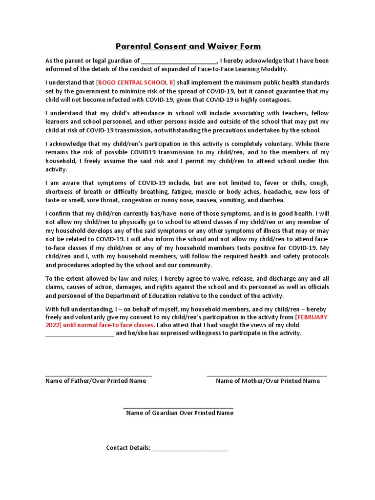 Parental Consent and Waiver Form | PDF | Clinical Medicine | Medicine