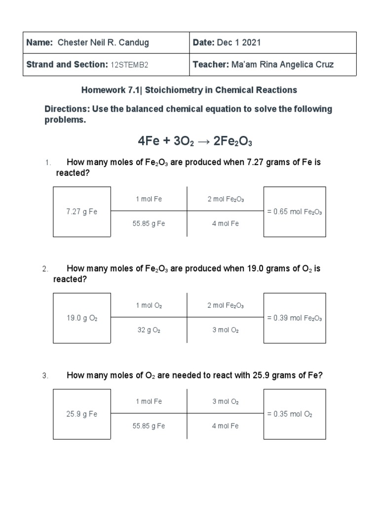 Homework 7.1 Stoichiometry in Chemical Reactions | PDF | Mole (Unit ...