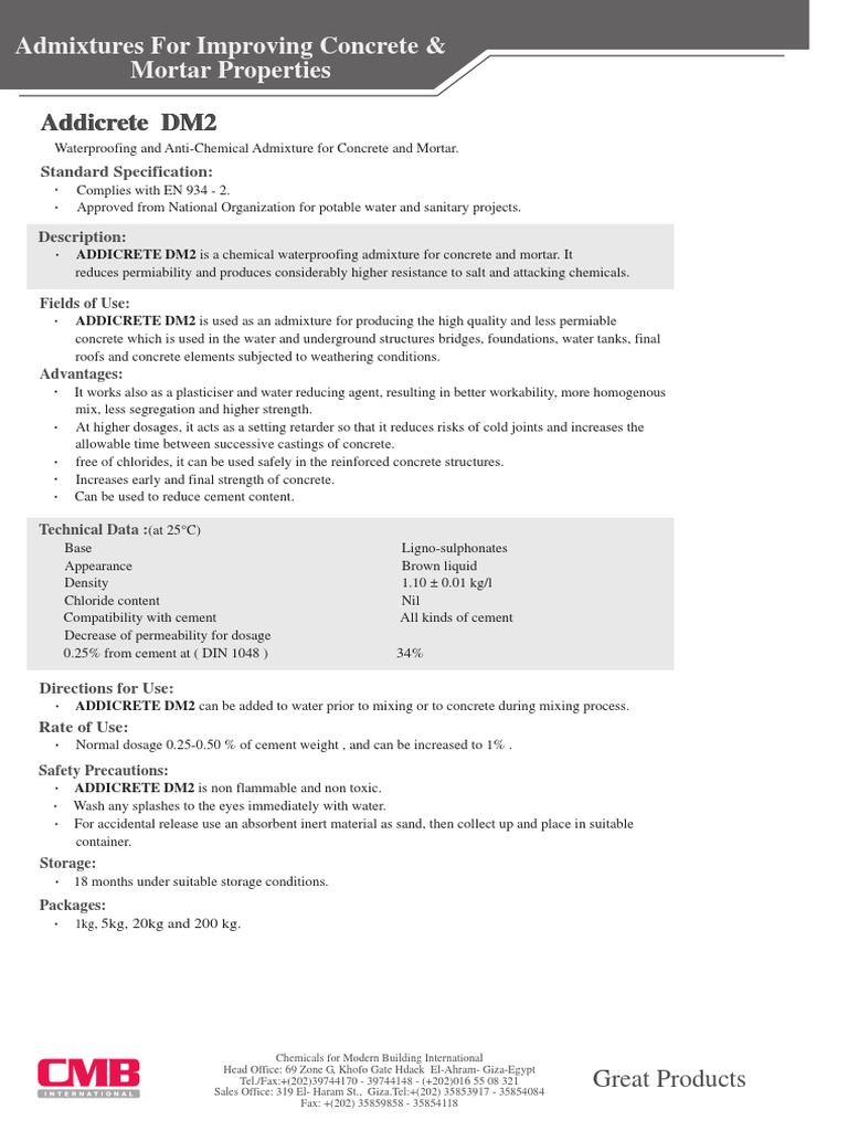 Addicrete DM2 | PDF | Concrete | Cement