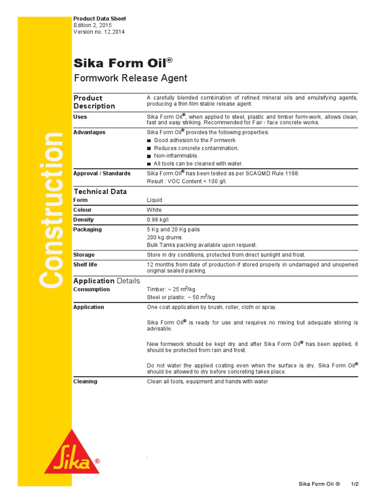 Sika Form Oil: Formwork Release Agent | PDF | Concrete | Toxicity