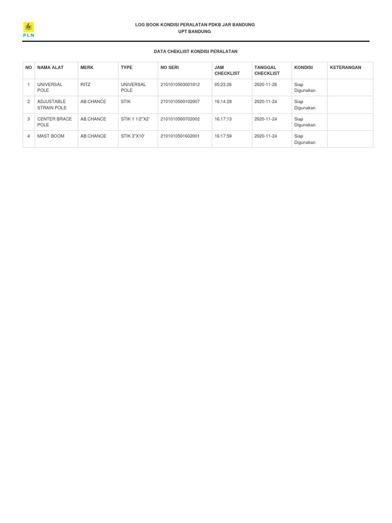 Log Book Peralatan PDKB Bandung | PDF